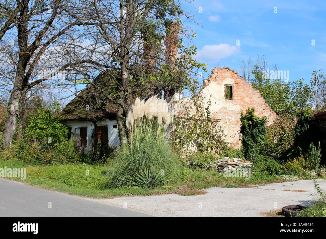 Abandoned ruin of small old red bricks family house with broken destroyed roof surrounded with ...