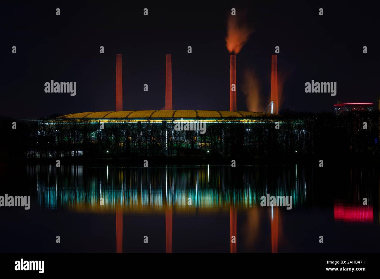 Volkswagen Arena, Volkswagen car plant chimneys and Autostadt towers ...
