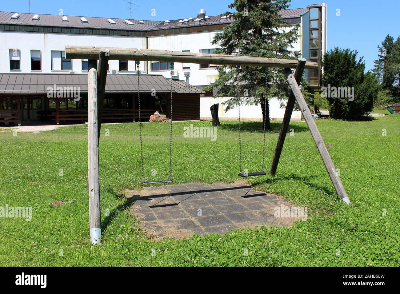 Dilapidated old wooden retro vintage outdoor public playground ...