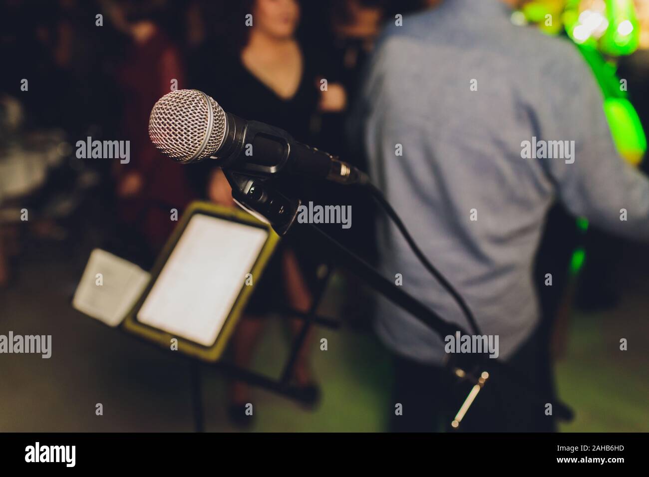 Close up of microphone in concert hall or conference room Stock Photo ...