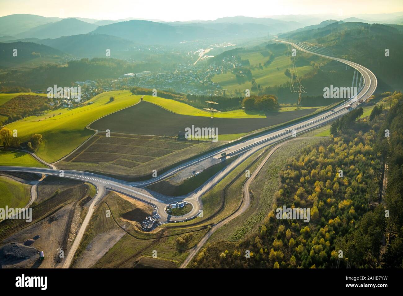 Aerial photo, roundabout at the end of the motorway, A46 motorway ...