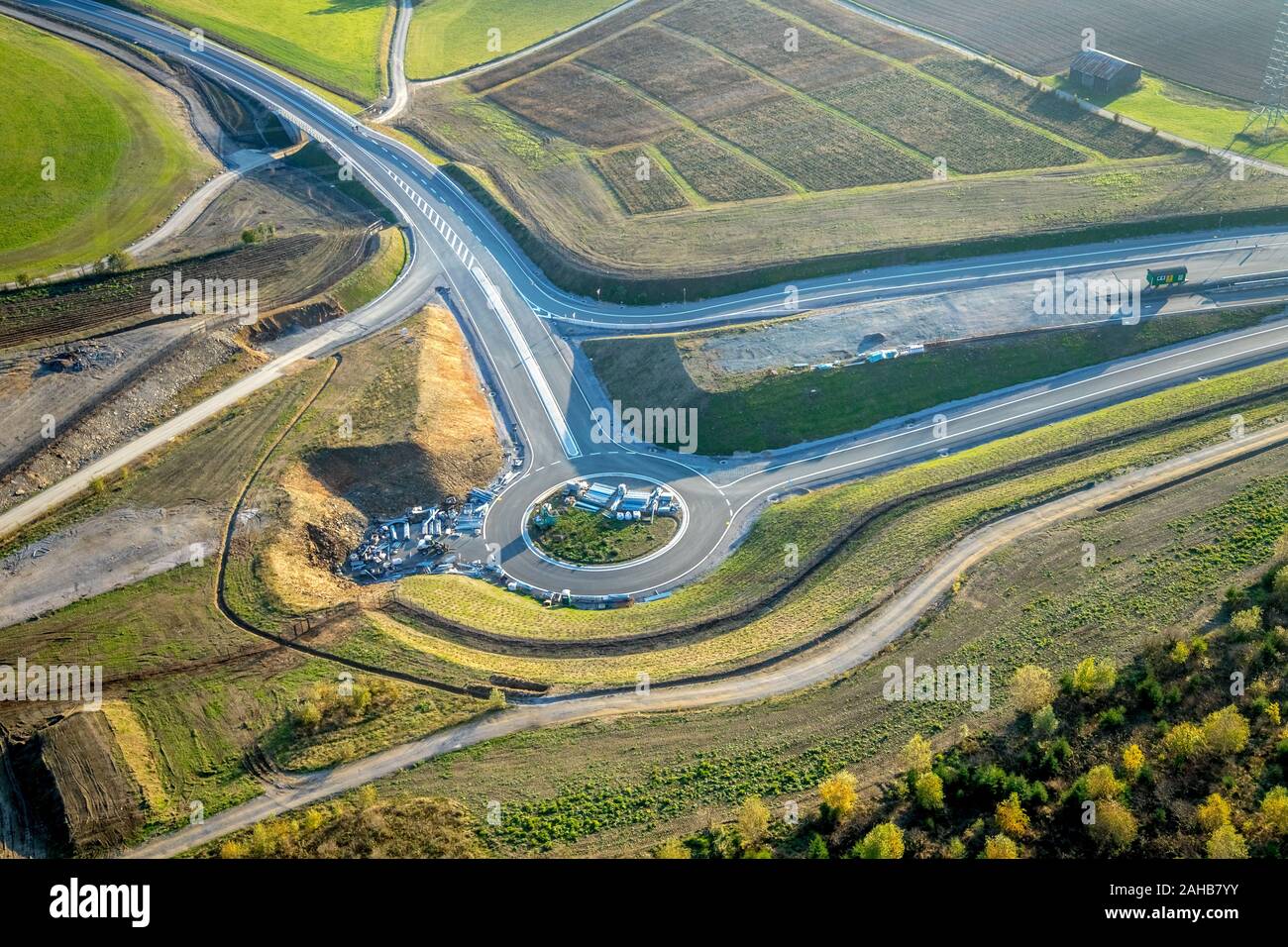 Aerial photo, roundabout at the end of the motorway, A46 motorway ...