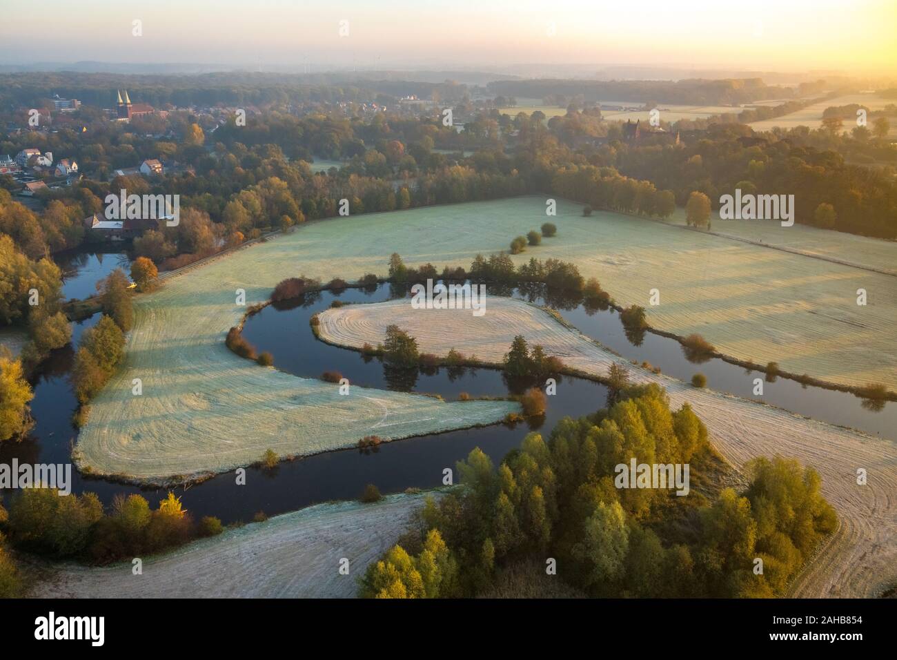 Aerial photo, nature reserve Lippeauen, morning impression, river Lippe ...