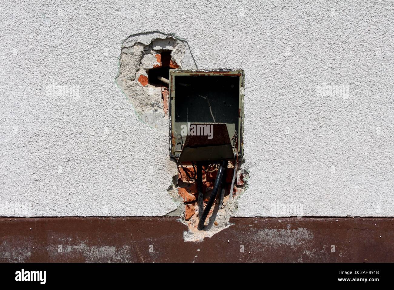 Rectangle empty plastic electrical outlet box with broken cover and cut ... Rectangle empty plastic electrical outlet box with broken cover and cut ...