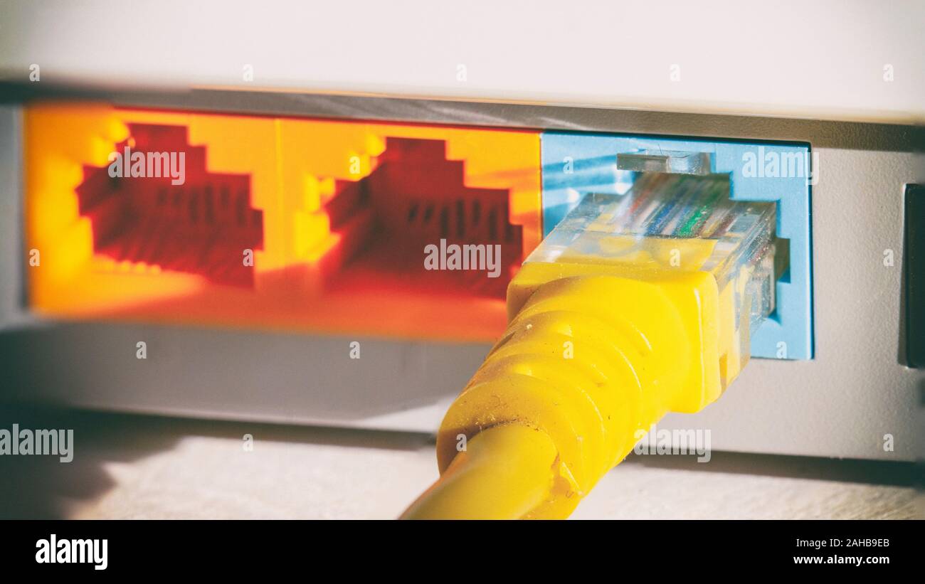 yellow internet cable in blue on the back of the network router Stock ...