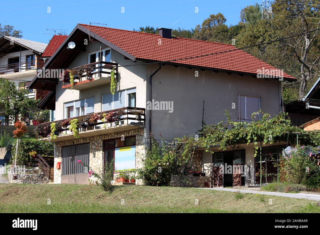 Suburban family house with old faded facade and new roof tiles surrounded with various plants ...
