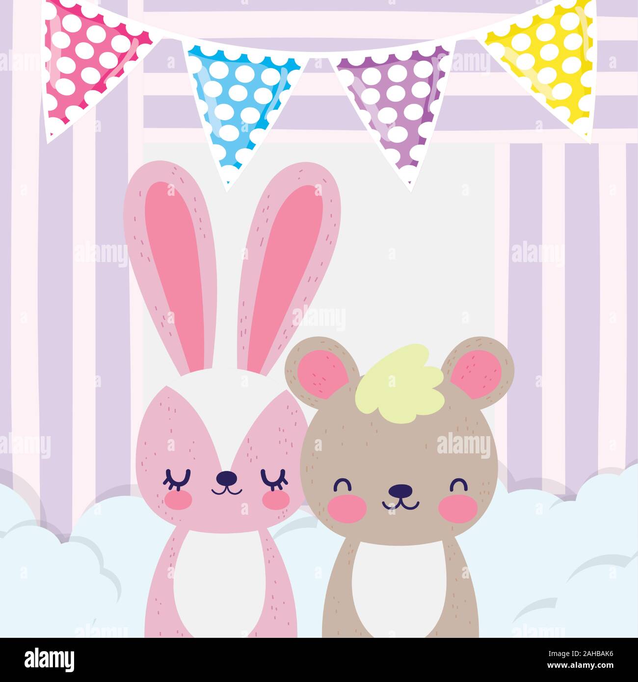 baby shower love cute rabbit and bear in clouds with buntings vector ...