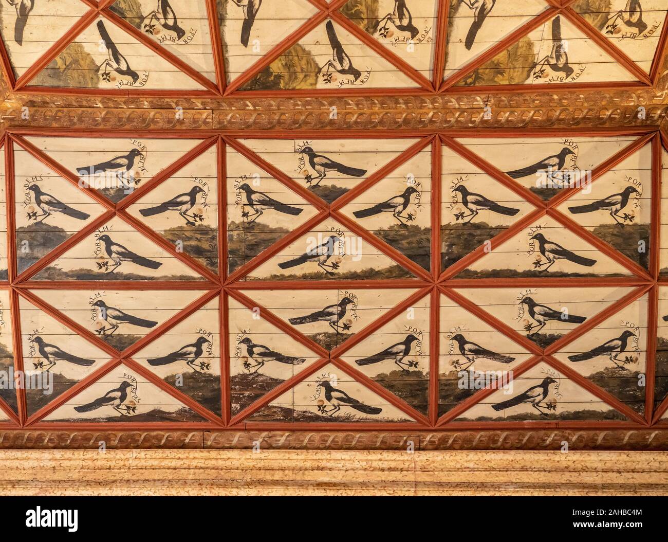 Sintra, Portugal - 21 August 2019: Painted magpie birds on ceiling of ...