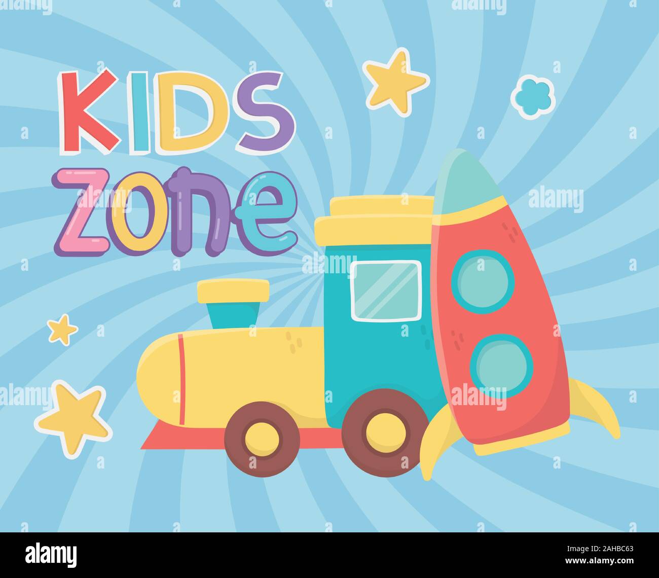 kids zone, train wagon and plastic rocket toys vector illustration ...