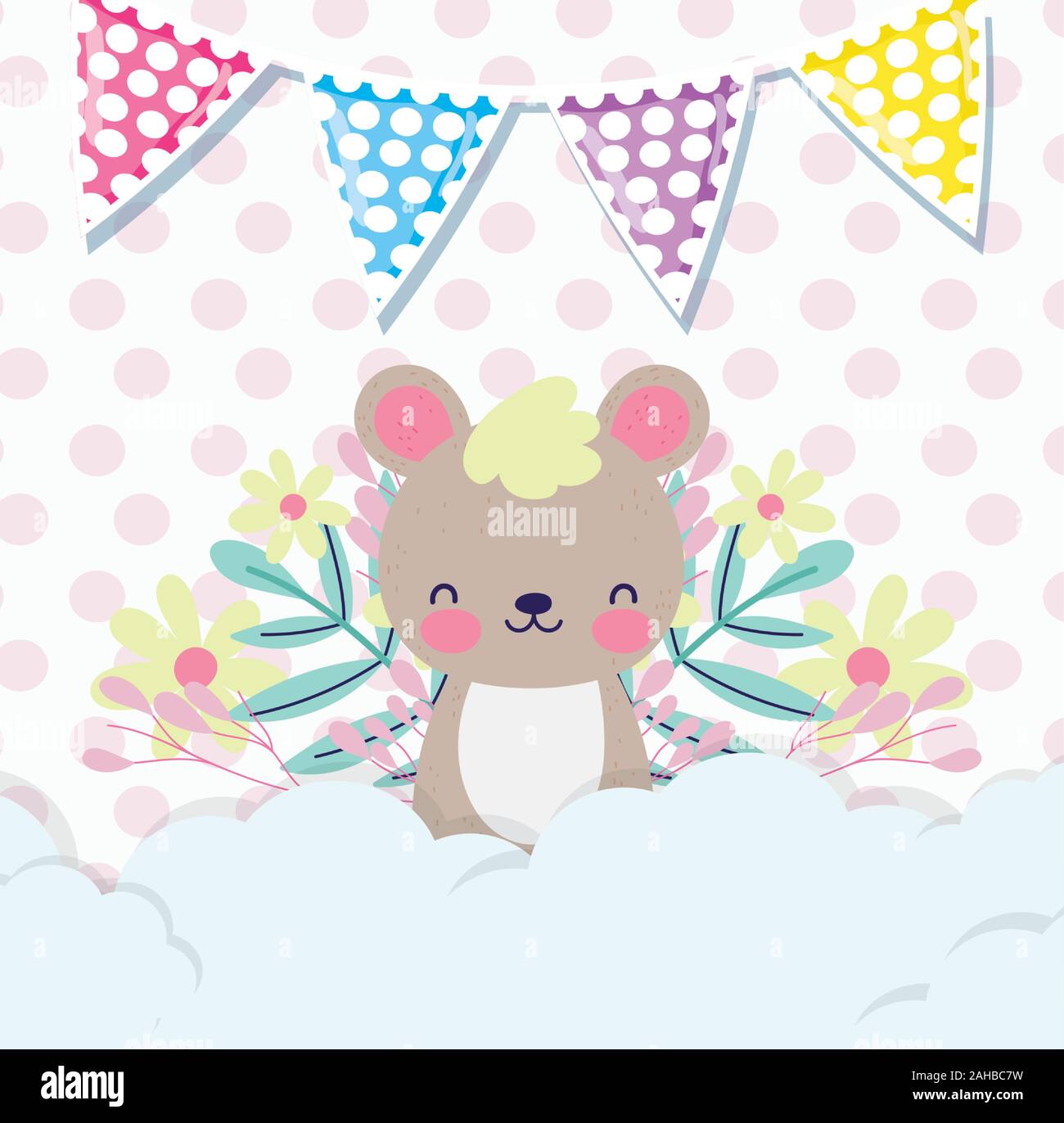 baby shower love cute little bear with flowers buntings clouds ...