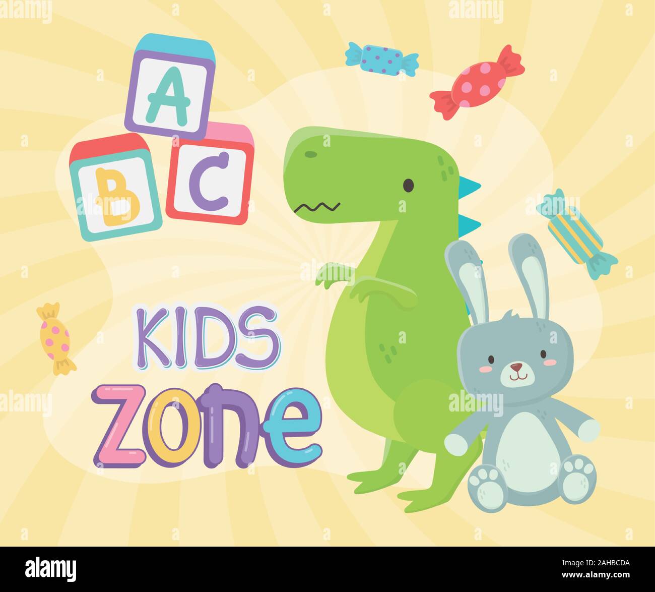 kids zone, green dinosaur and cute rabbit toys vector illustration ...