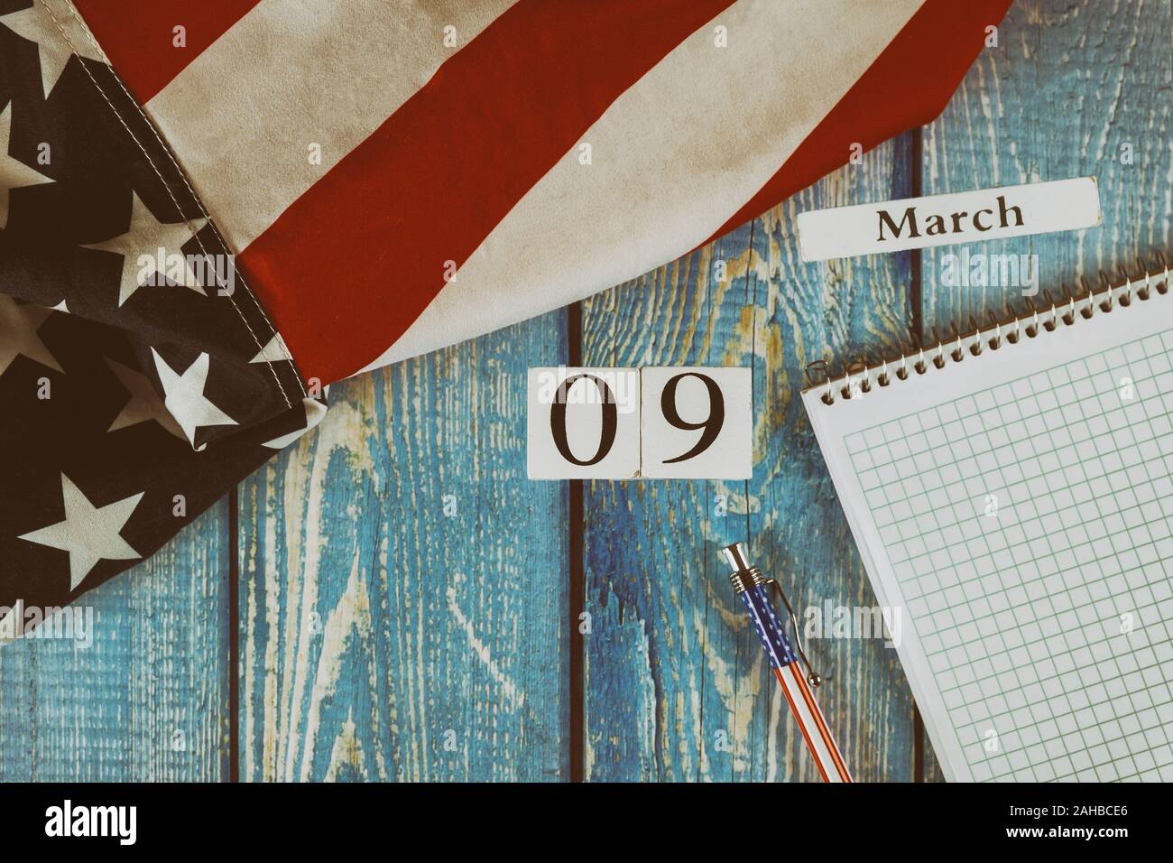 09 March calendar day Flag the United States of America symbol of ...