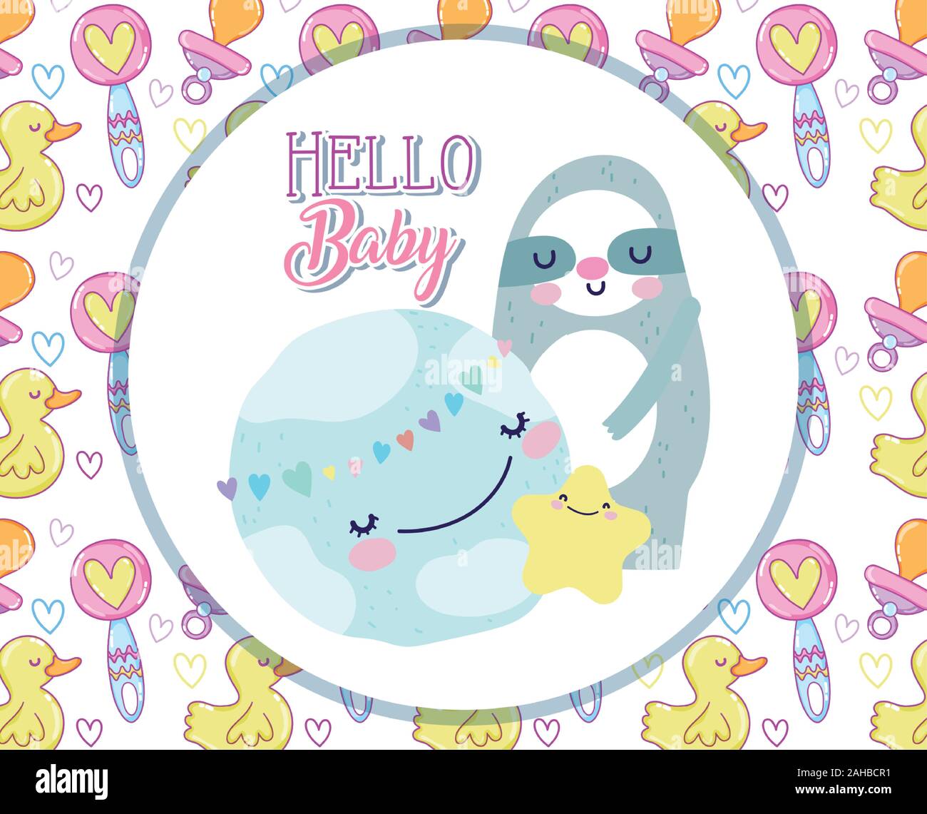 baby shower cute sloth and star world hearts love cartoon vector ...
