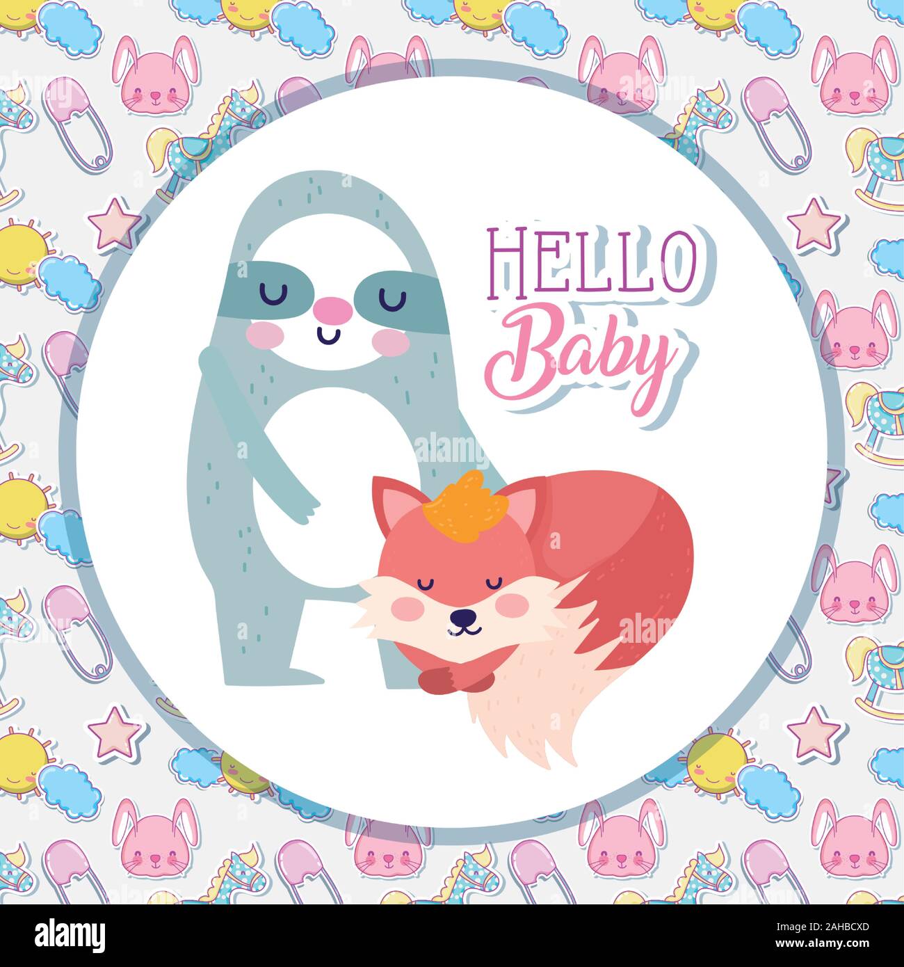 baby shower cute sloth and fox cartoon vector illustration Stock Vector ...