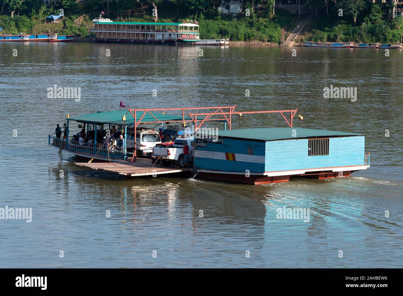 Car ferry crossing the Mekong River at Luang Prabang, Laos Stock Photo ...