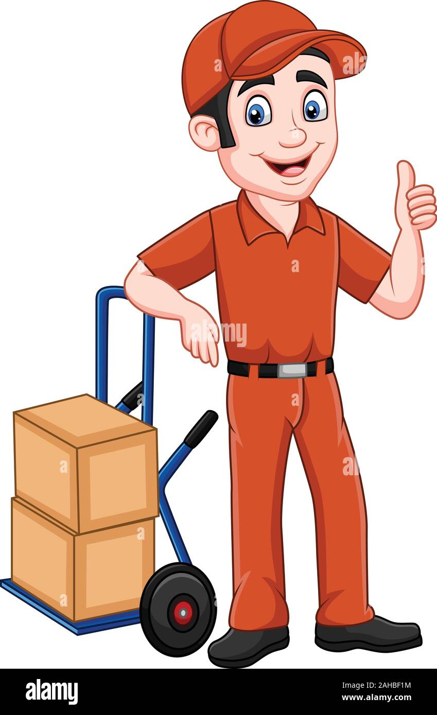 Cartoon delivery man leaning on packages and giving a thumb up Stock ...