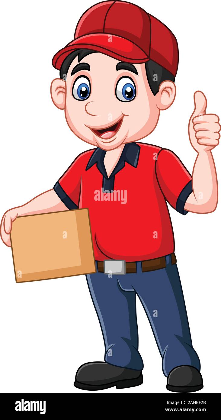 Cartoon delivery courier holding cardboard boxes and giving thumbs up ...