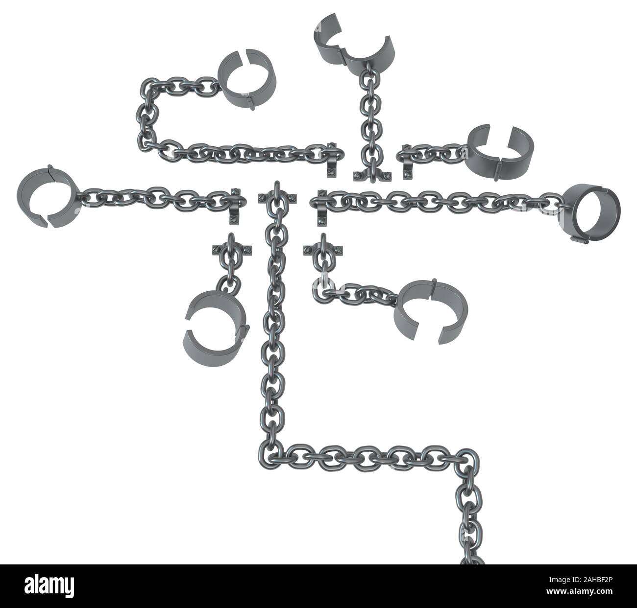 Shackles chain attached corners abstract grey metal 3d illustration ...