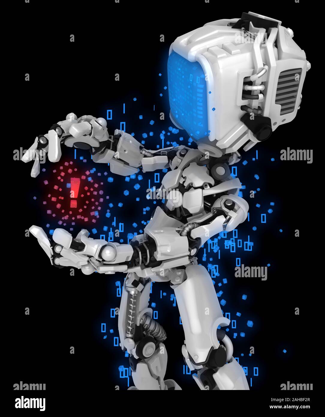 Screen robot figure character data glowing red warning sign in dark, 3d ...