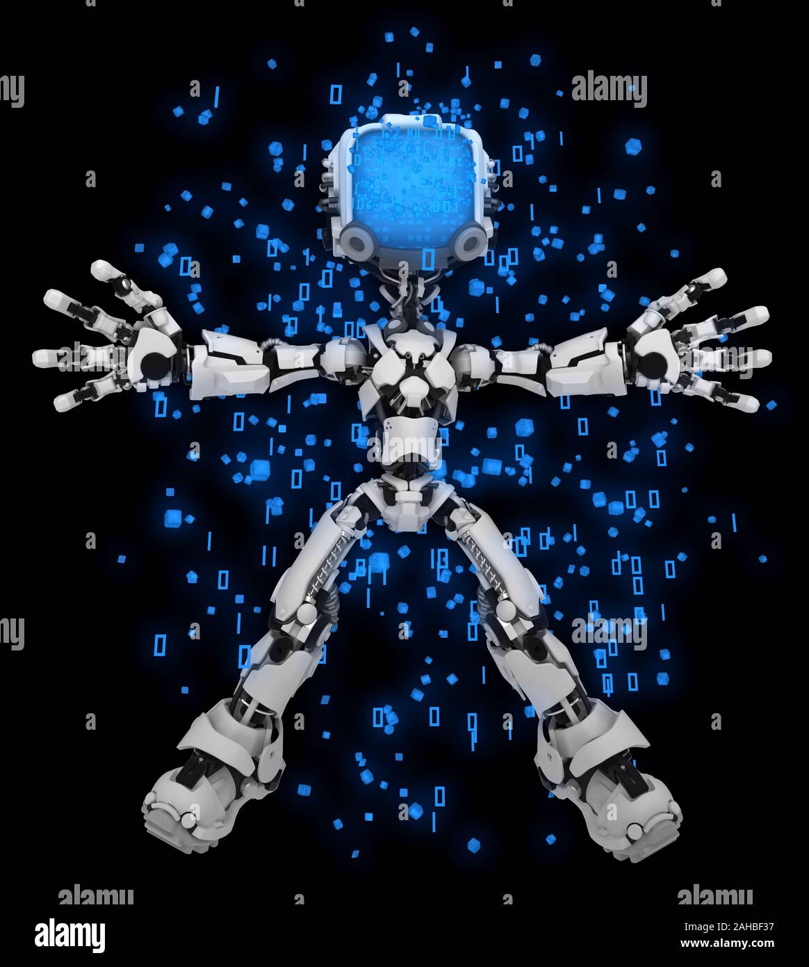 Screen robot figure character data glowing around in dark, 3d ...