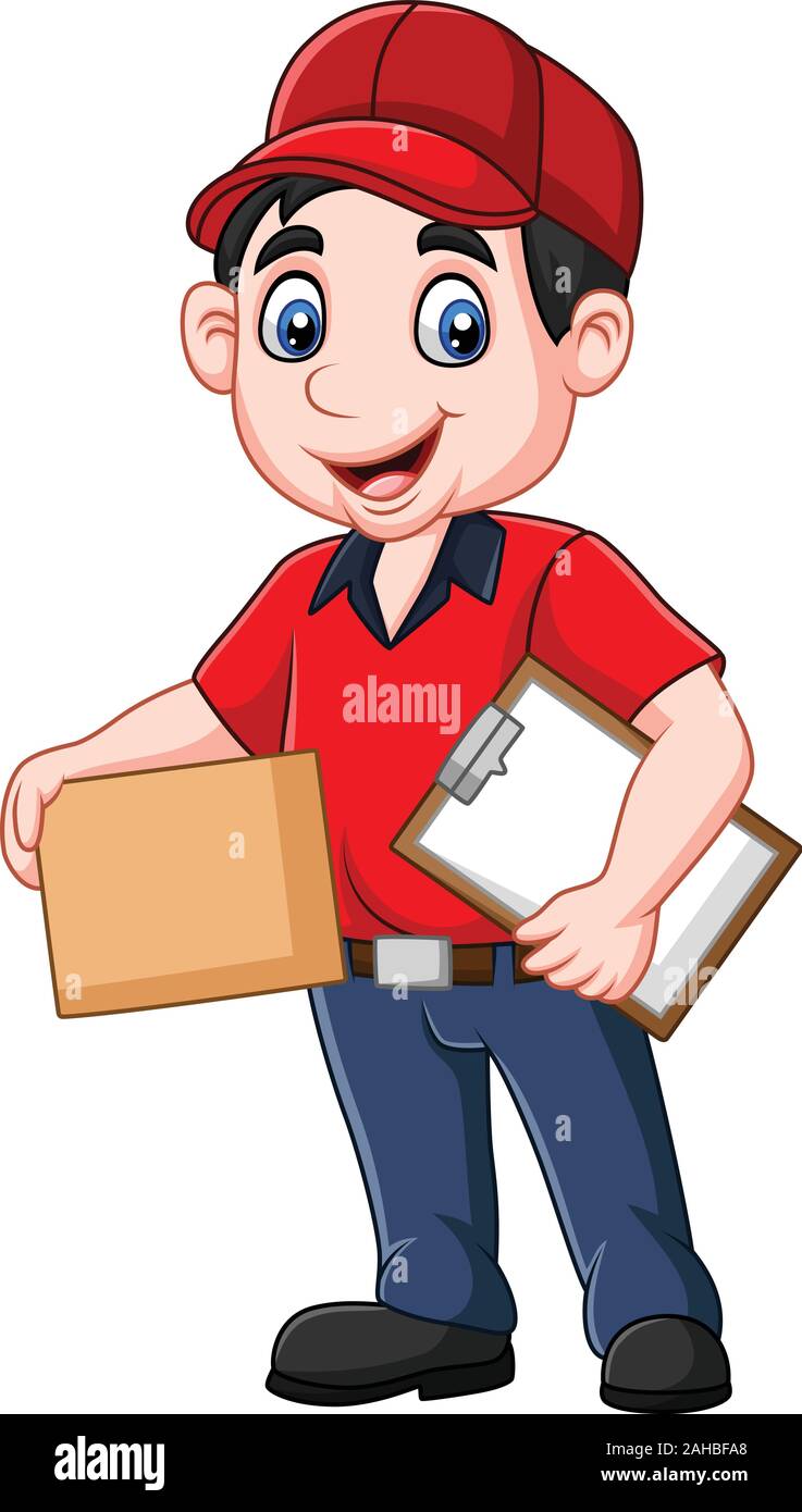 Cartoon delivery courier holding clipboard and cardboard boxes Stock ...
