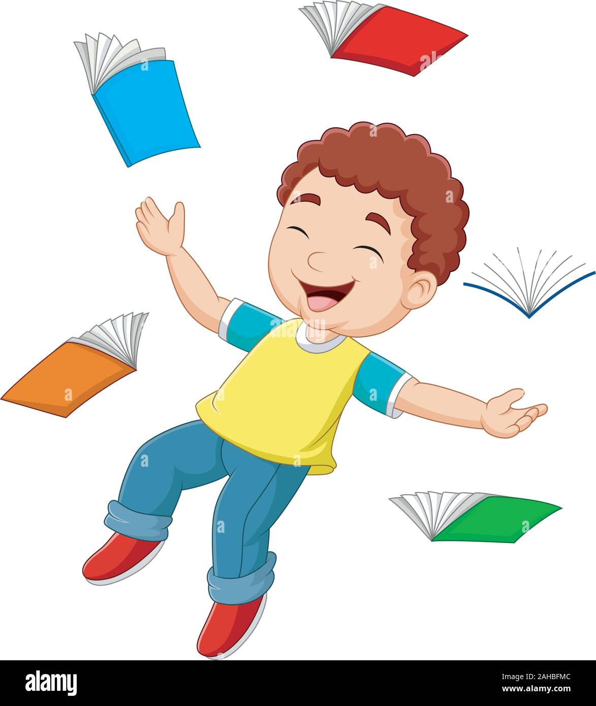 Cartoon little boy flying surrounded by books Stock Vector Image & Art ...