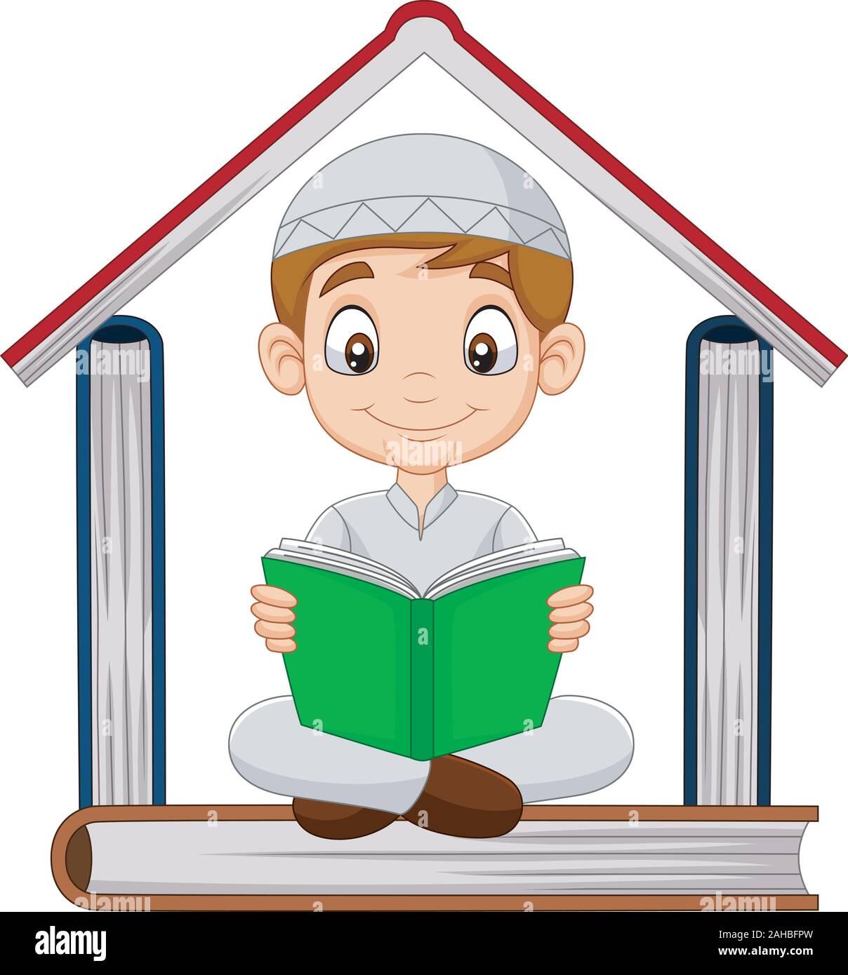Cartoon Muslim boy reading a book with pile of books forming a house ...