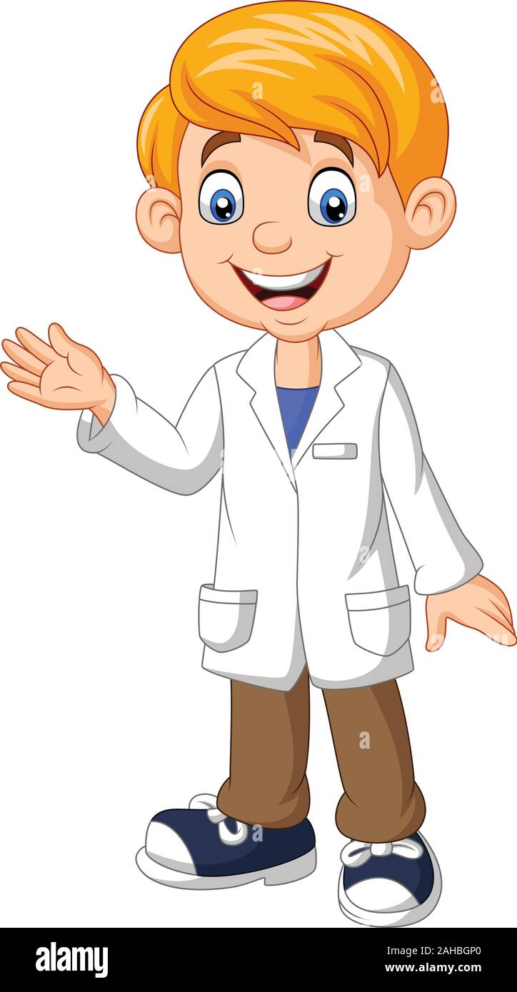 Cartoon boy scientist wearing lab white coat waving Stock Vector Image ...