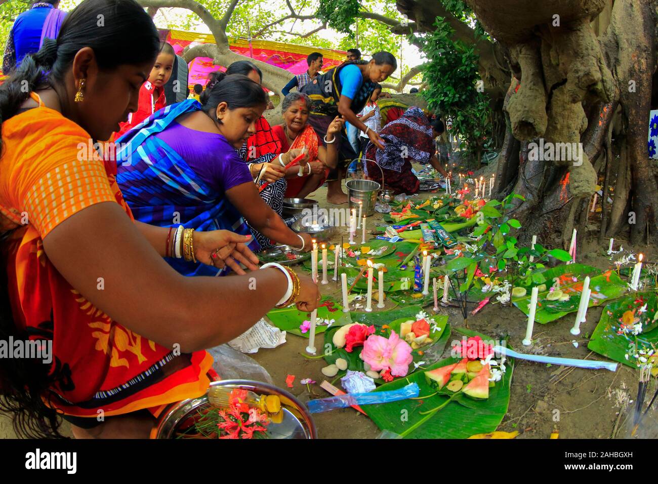 Hindu women perform a ritual under a banyan tree, which they regard as ...