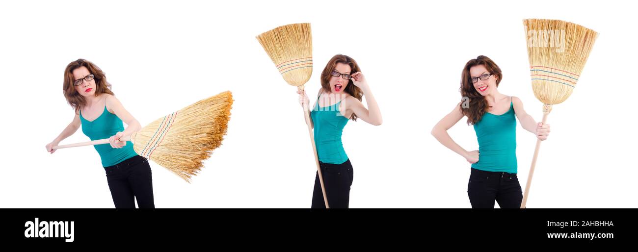 The young woman with broom on white Stock Photo - Alamy