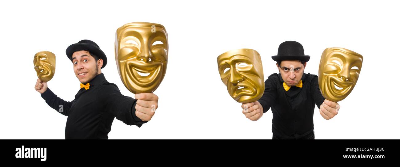 The young man with golden venetian mask isolated on white Stock Photo ...