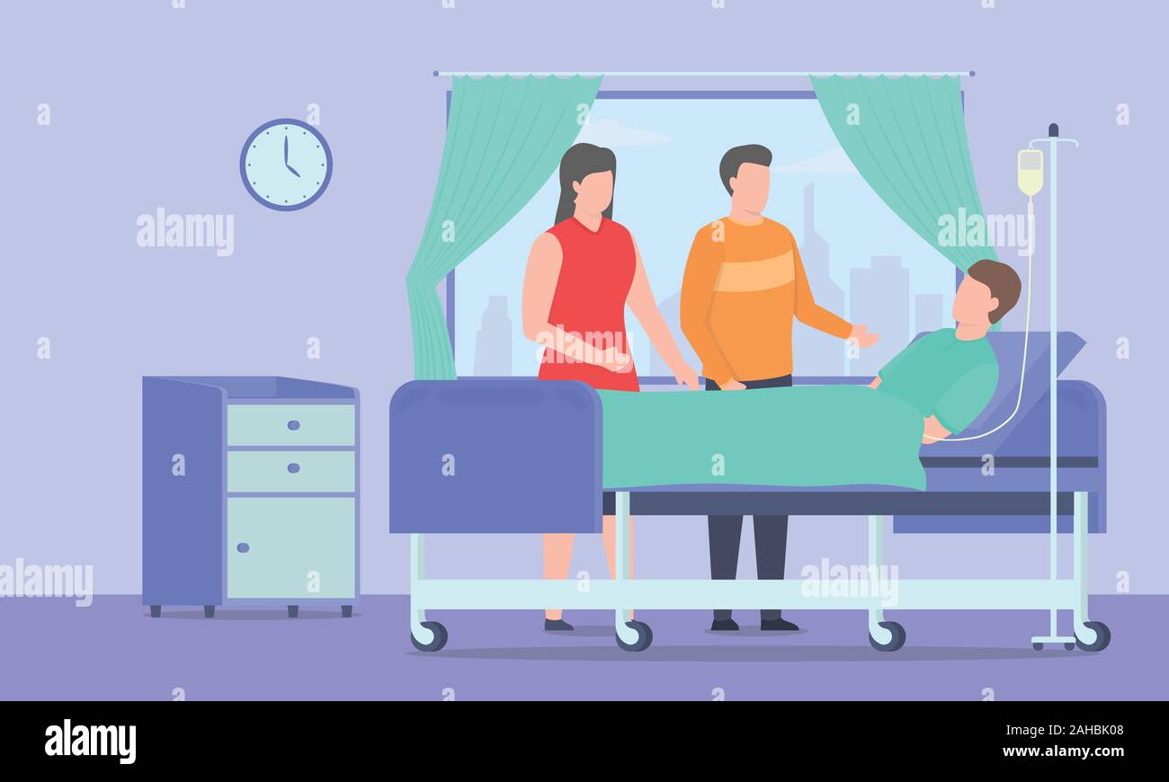 visit friend sick on bed hospital room with modern flat style - vector ...