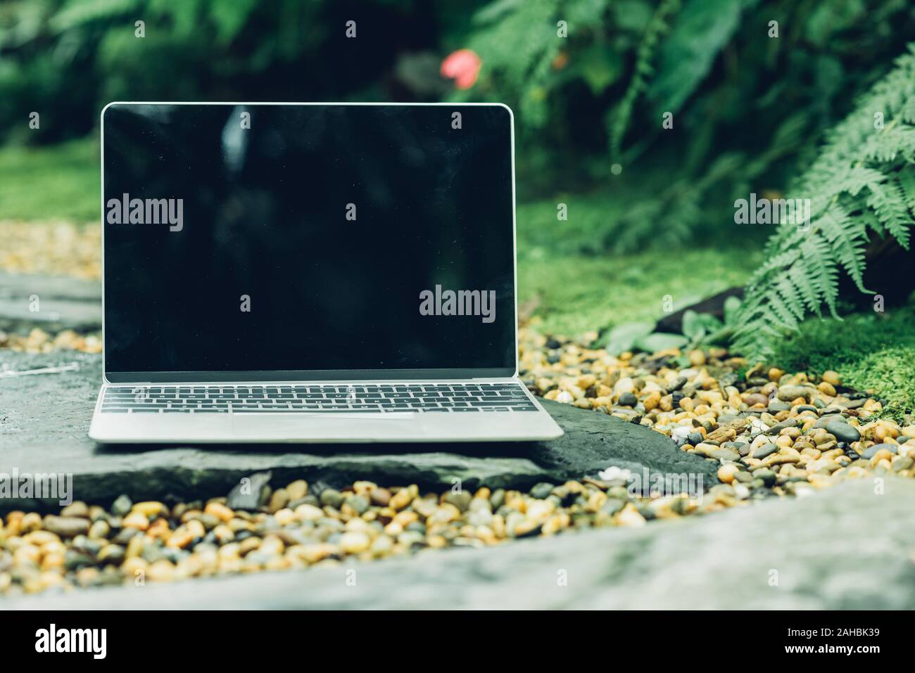 Laptop computer mockup has empty screen outside on stone in garden of ...