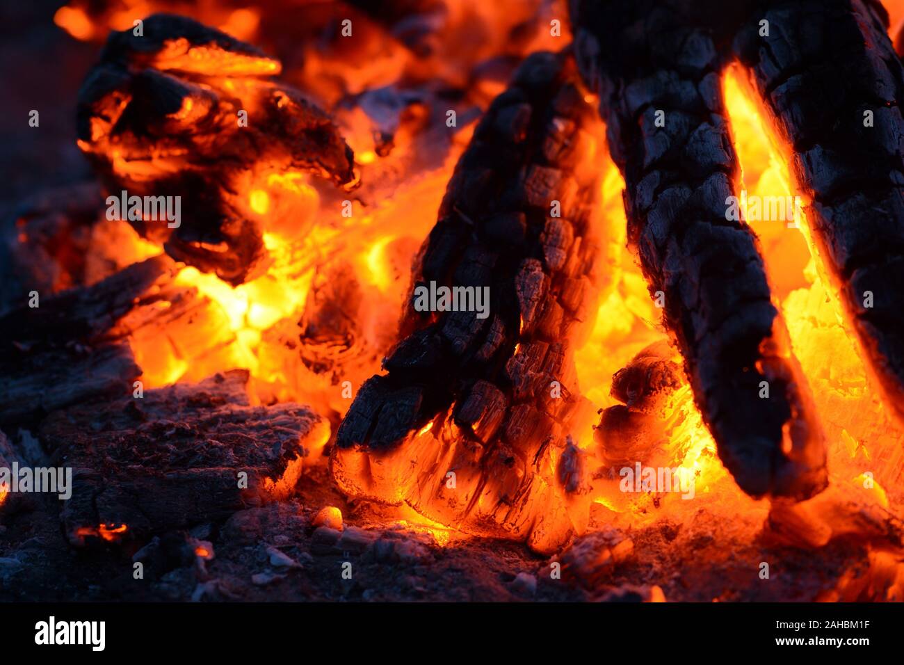 The hot coals of a burning bonfire close-up. Abstract background Stock ...