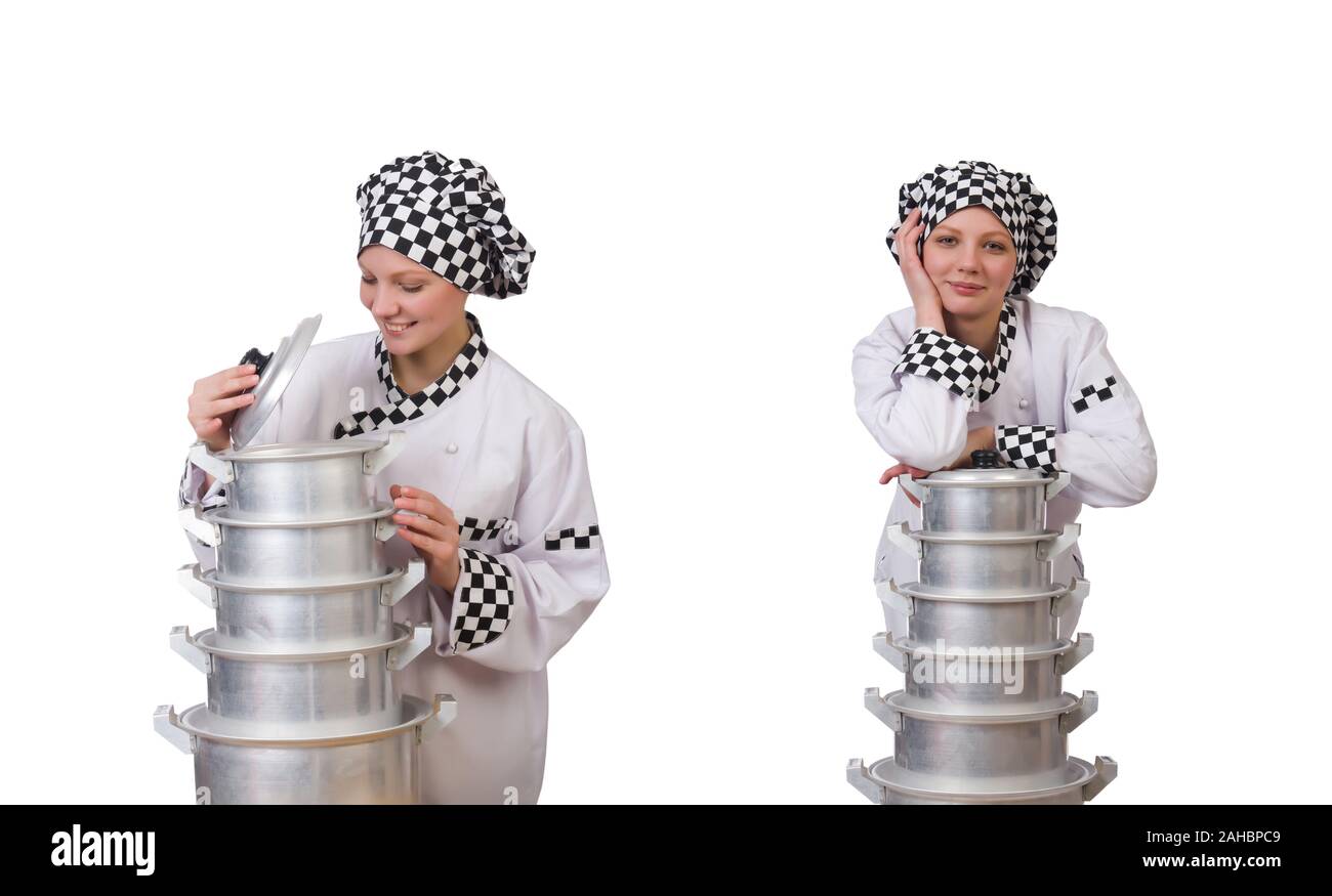 The cook with stack of pots on white Stock Photo - Alamy