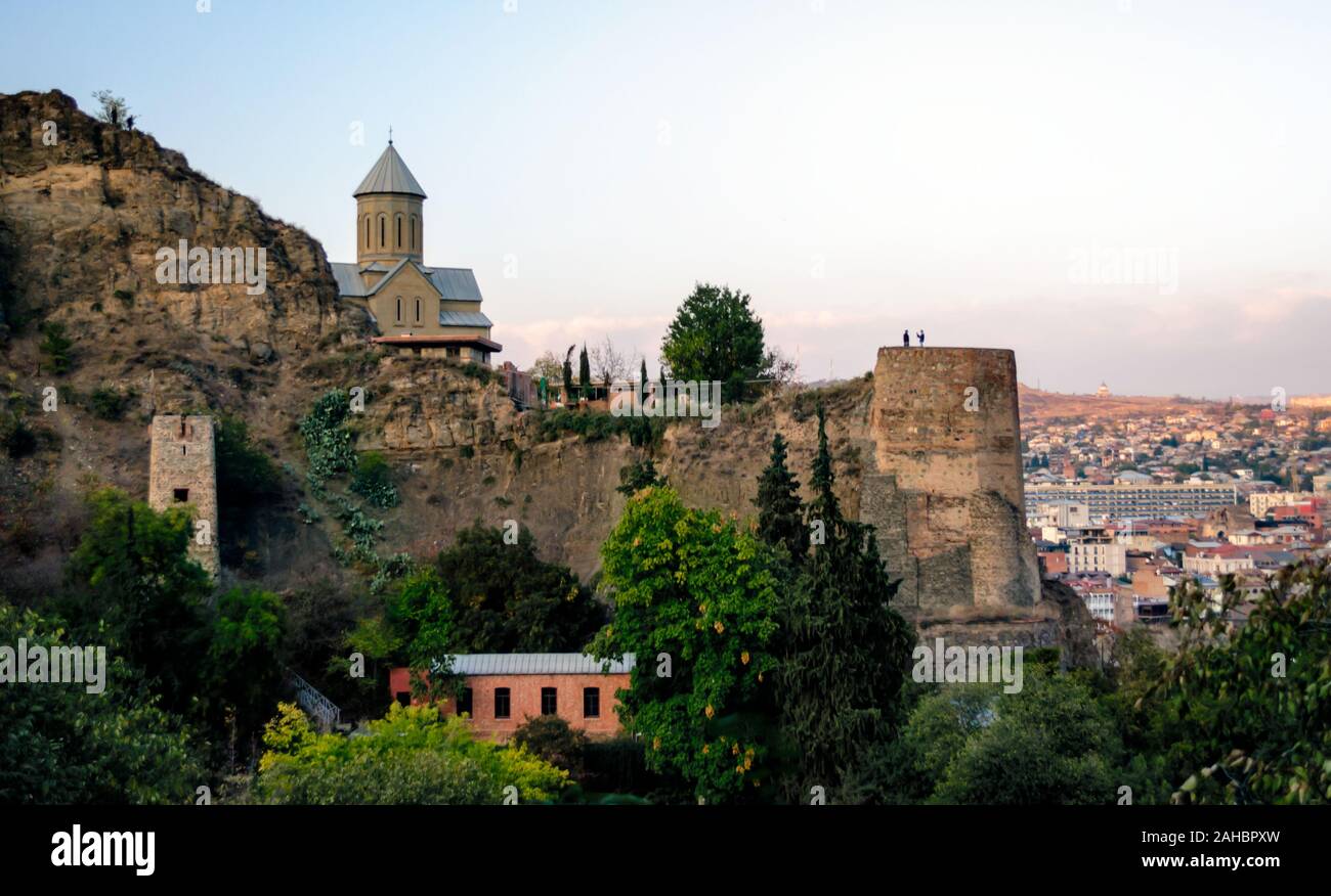 Christian church on the mountain and old antique fortress on the ...