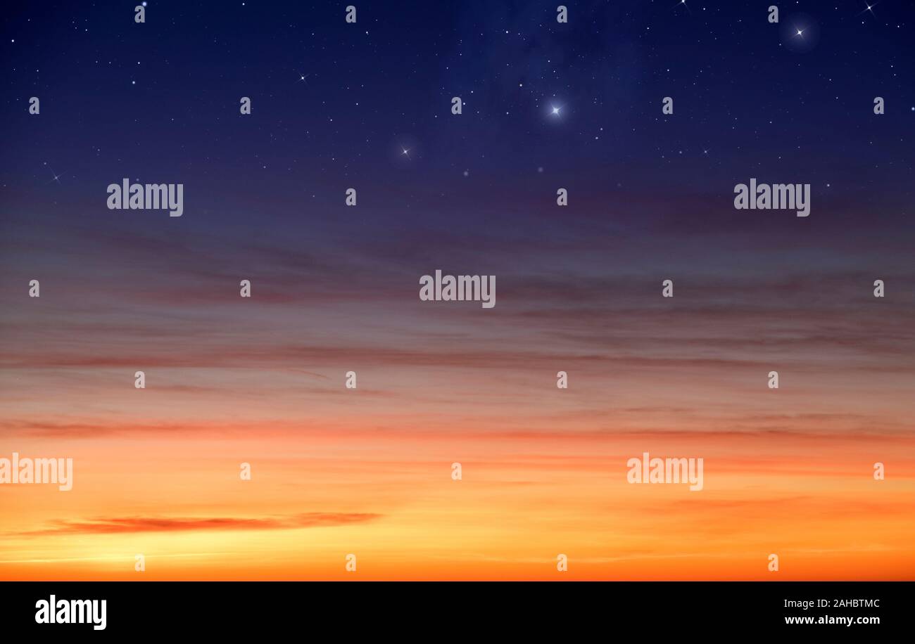 Night starry sky at sunset blue and yellow galaxy hi-res stock ...