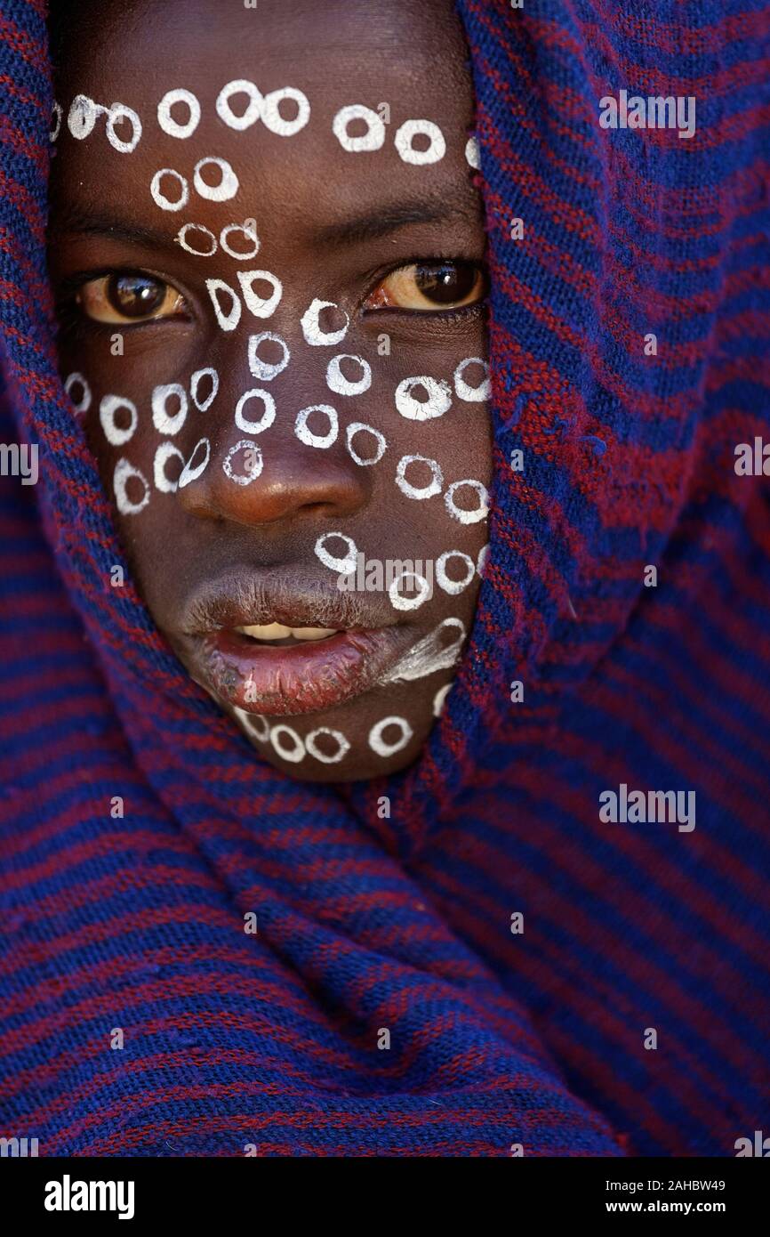 Child from Suri tribe with painted face from West Omo bank in Ethiopia ...