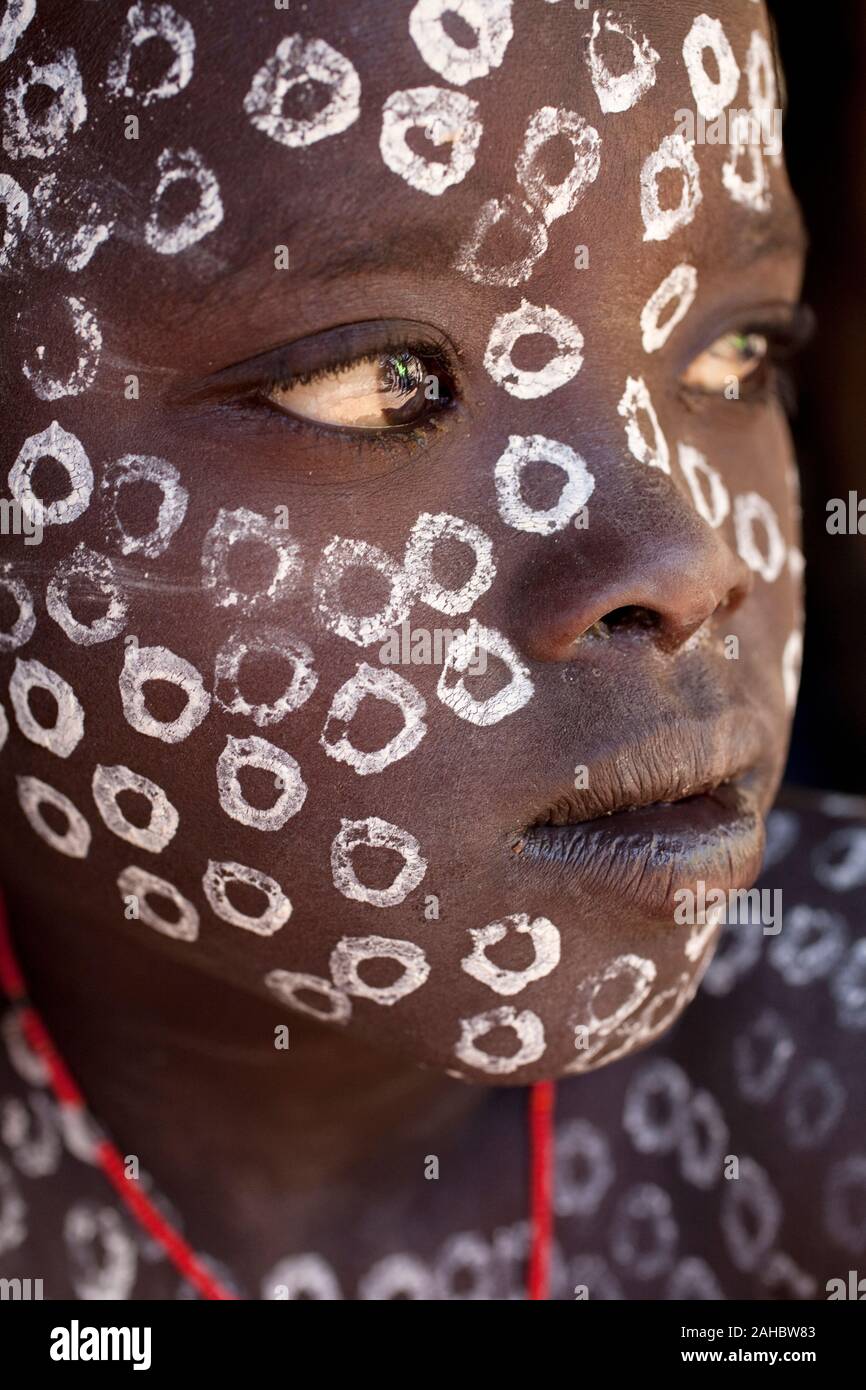 Child from Suri tribe with painted face from West Omo bank in Ethiopia ...