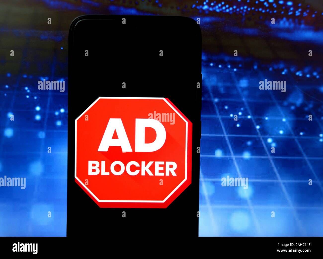 In this photo illustration an Ad blocker logo seen displayed on a ...