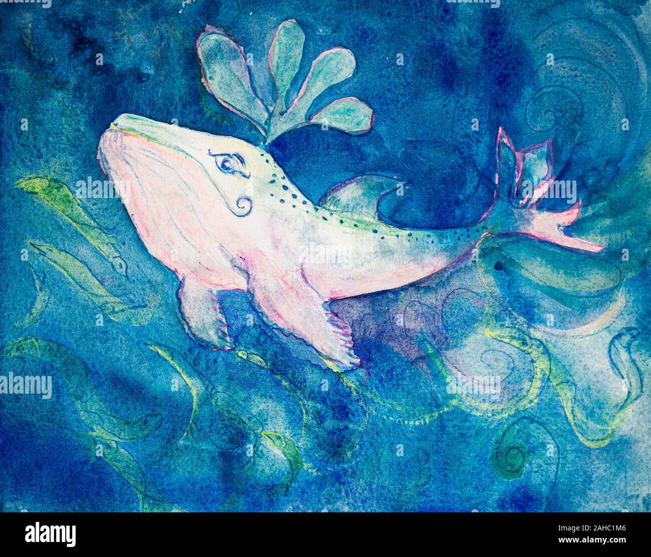 Whimsical whale in curly water wit fishes. The dabbing technique near ...