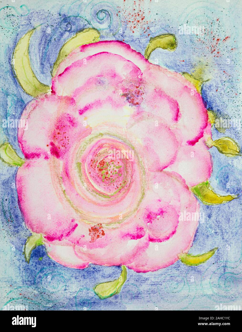 Whimsical pink rose on a blue background. The dabbing technique near ...