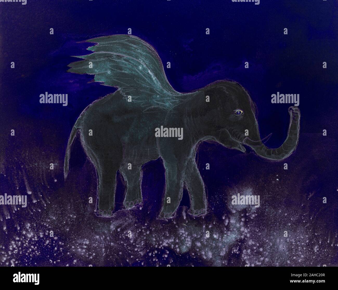 Elephant flying in the shining stars. The dabbing technique near the ...