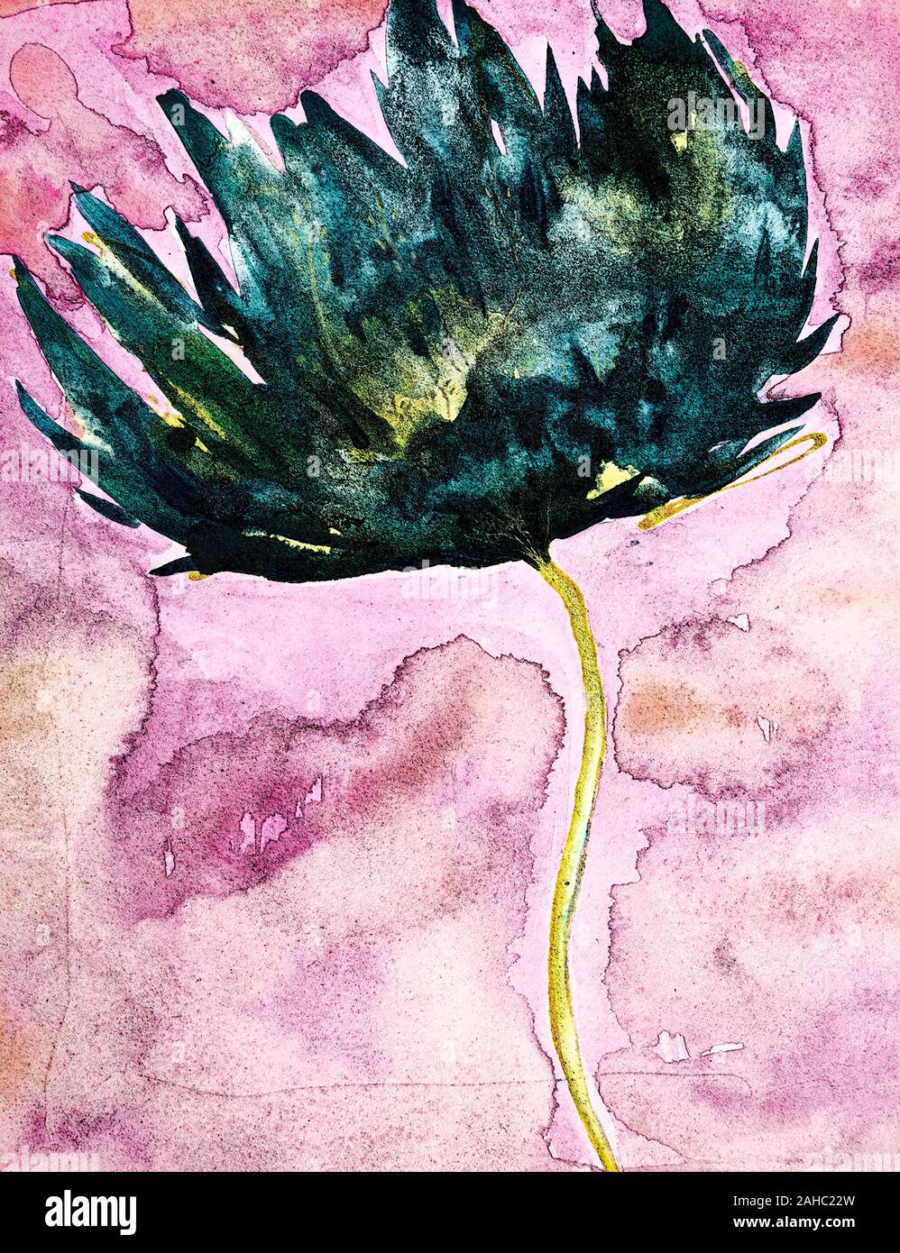 Turquoise lotus flower on a pink background. The dabbing technique near ...