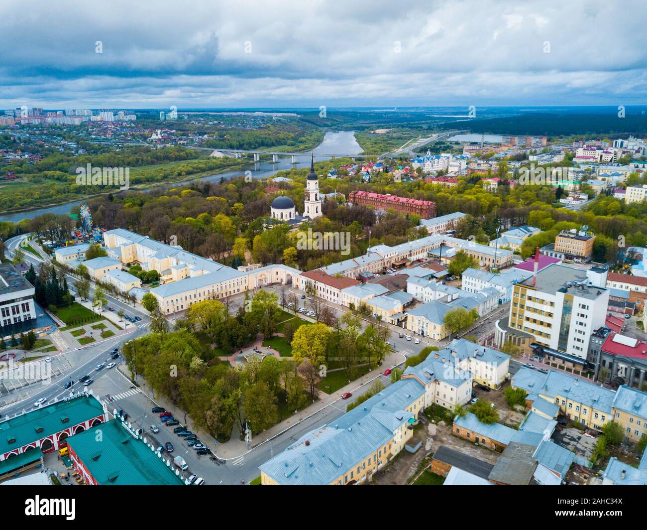 Aerial panoramic view of modern cityscape of Kaluga on banks of Oka ...