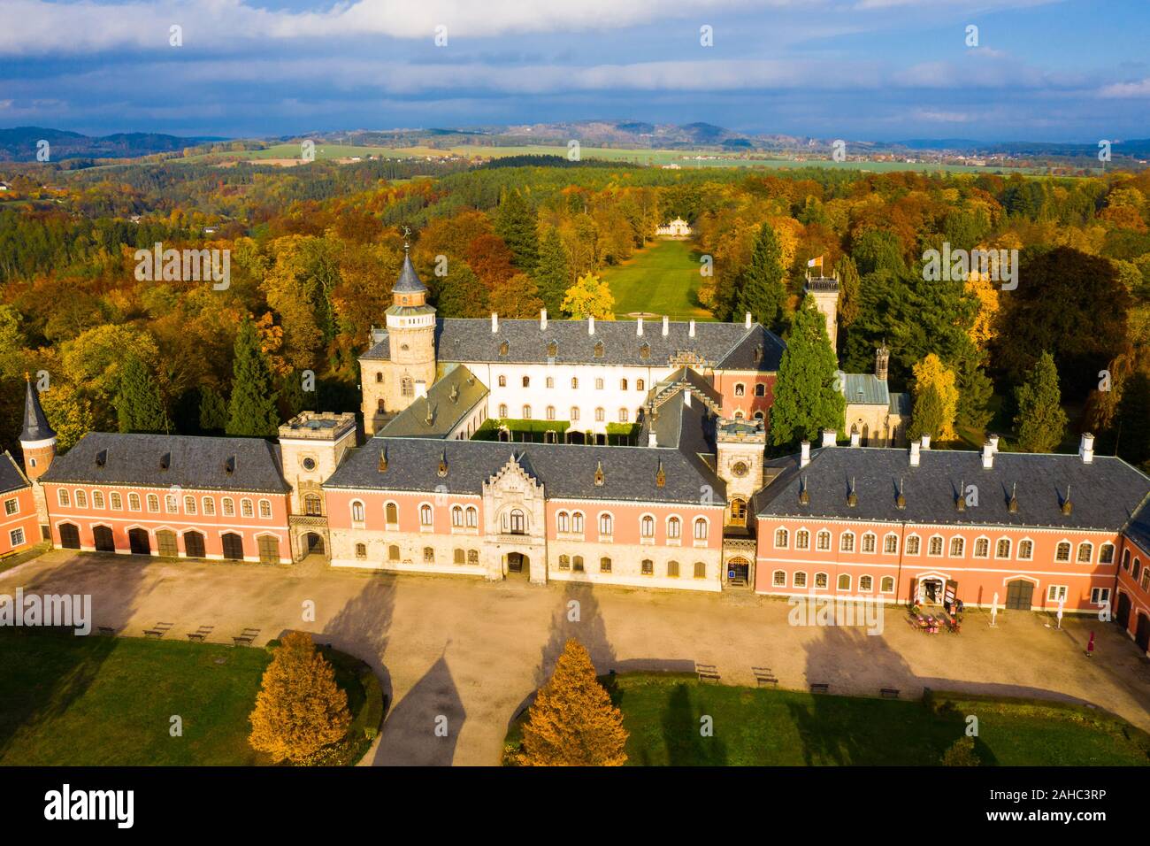 Aerial view of unique Neo-Gothic building of Sychrov Castle with large ...