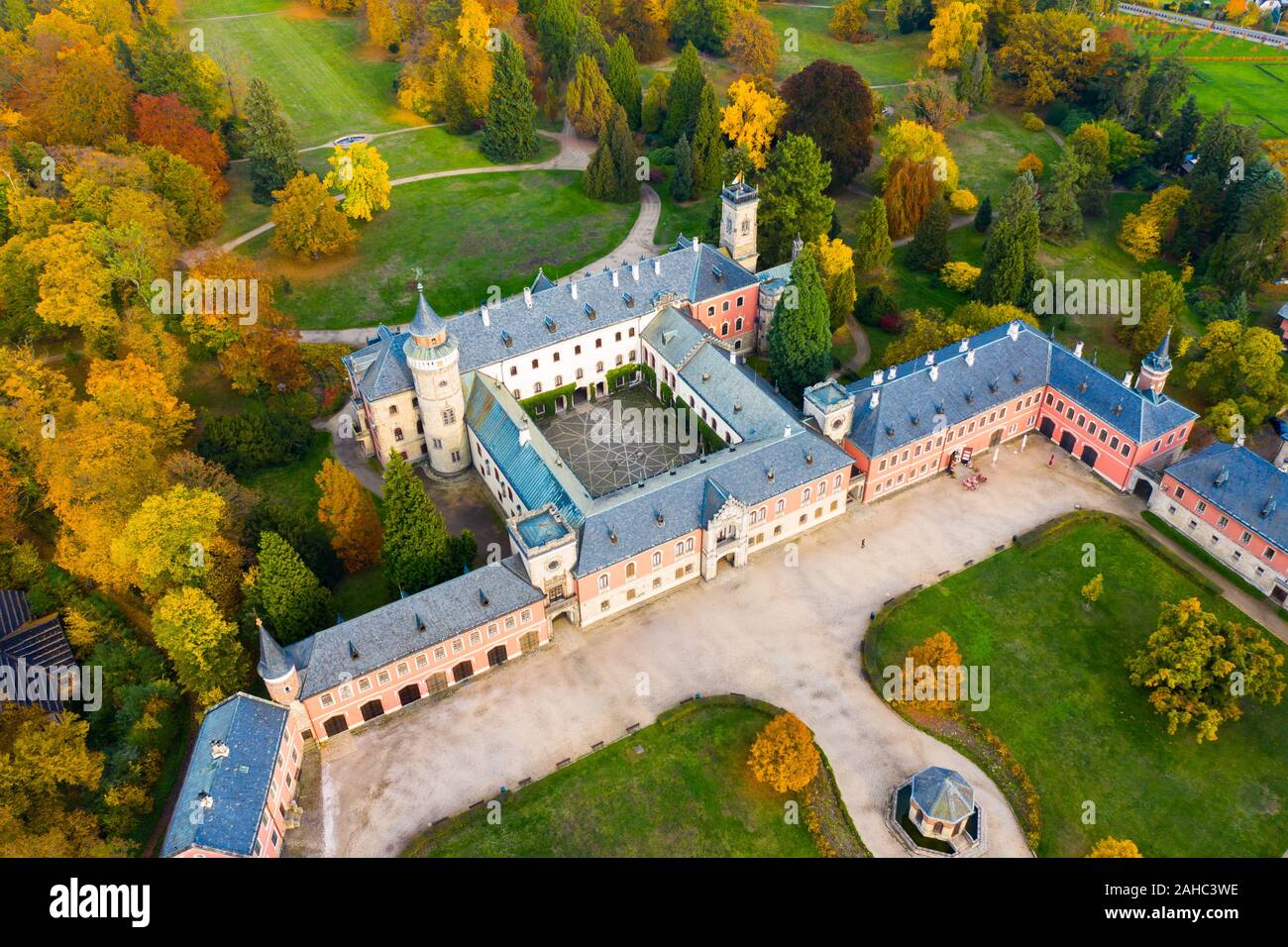 Aerial view of unique Neo-Gothic building of Sychrov Castle with large ...