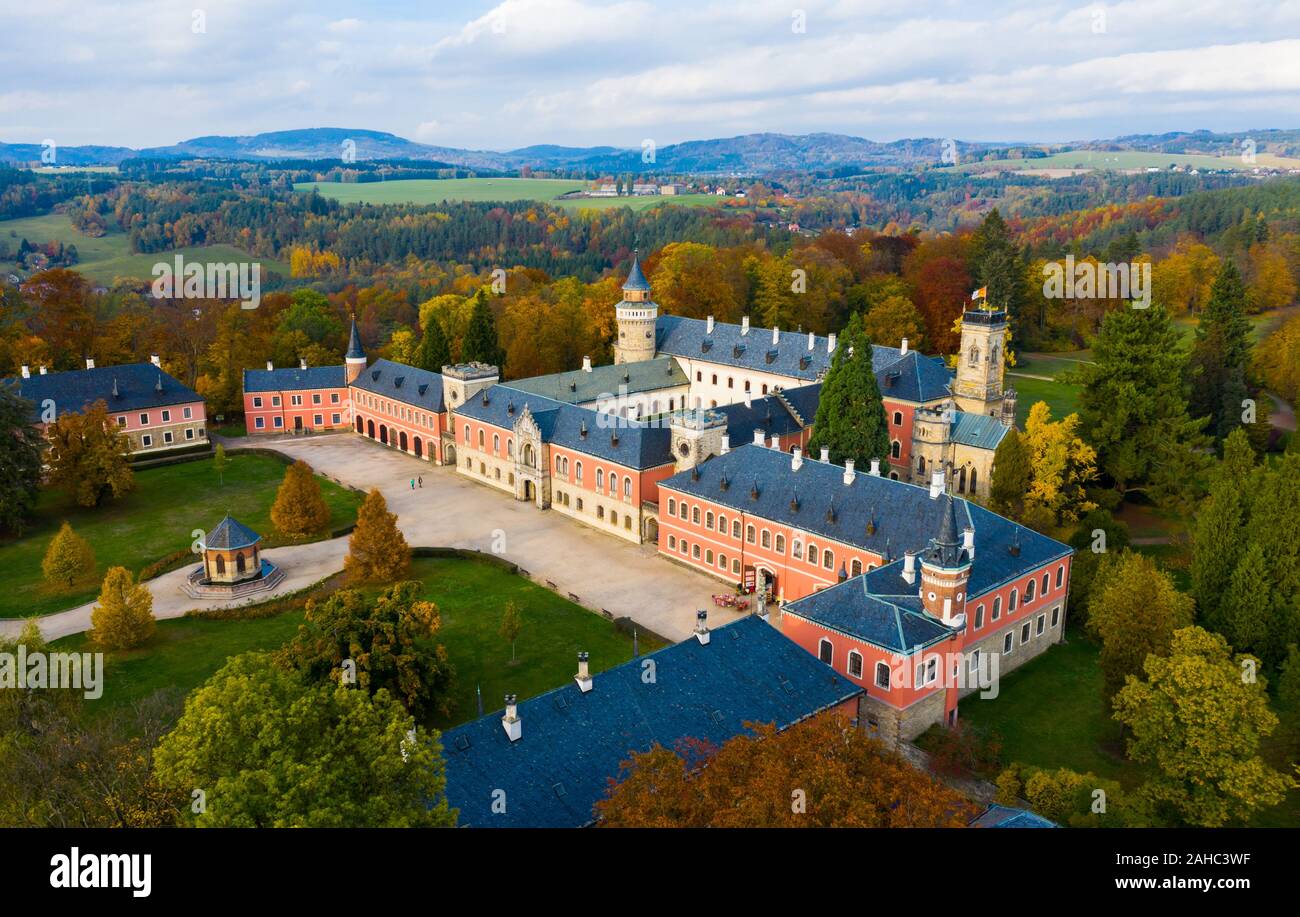 Fall view from drone of medieval Sychrov Castle, Czech Republic Stock ...