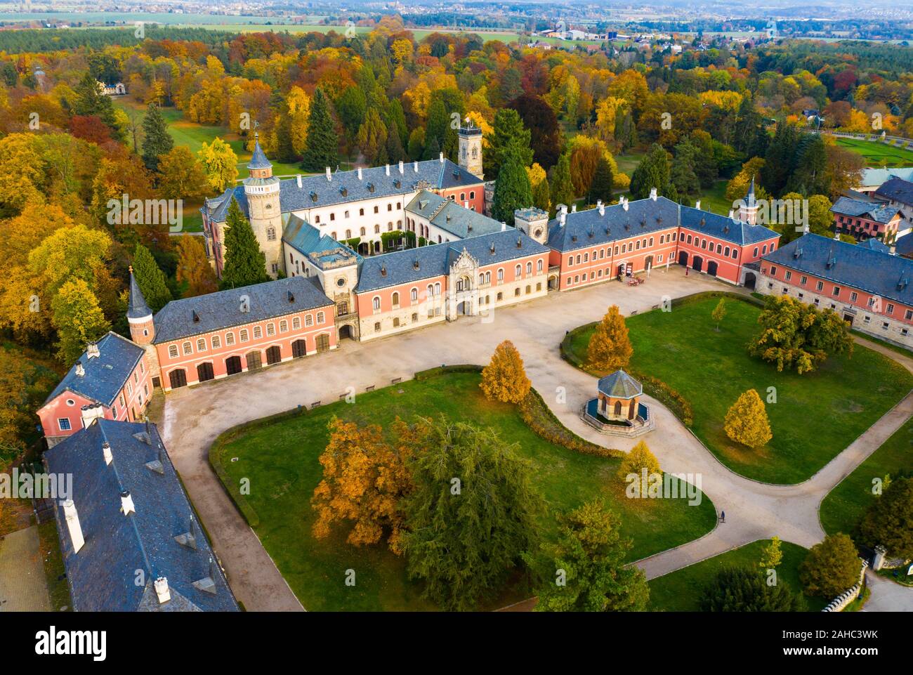 Scenic aerial view of historical neo-gothic Sychrov castle with ...