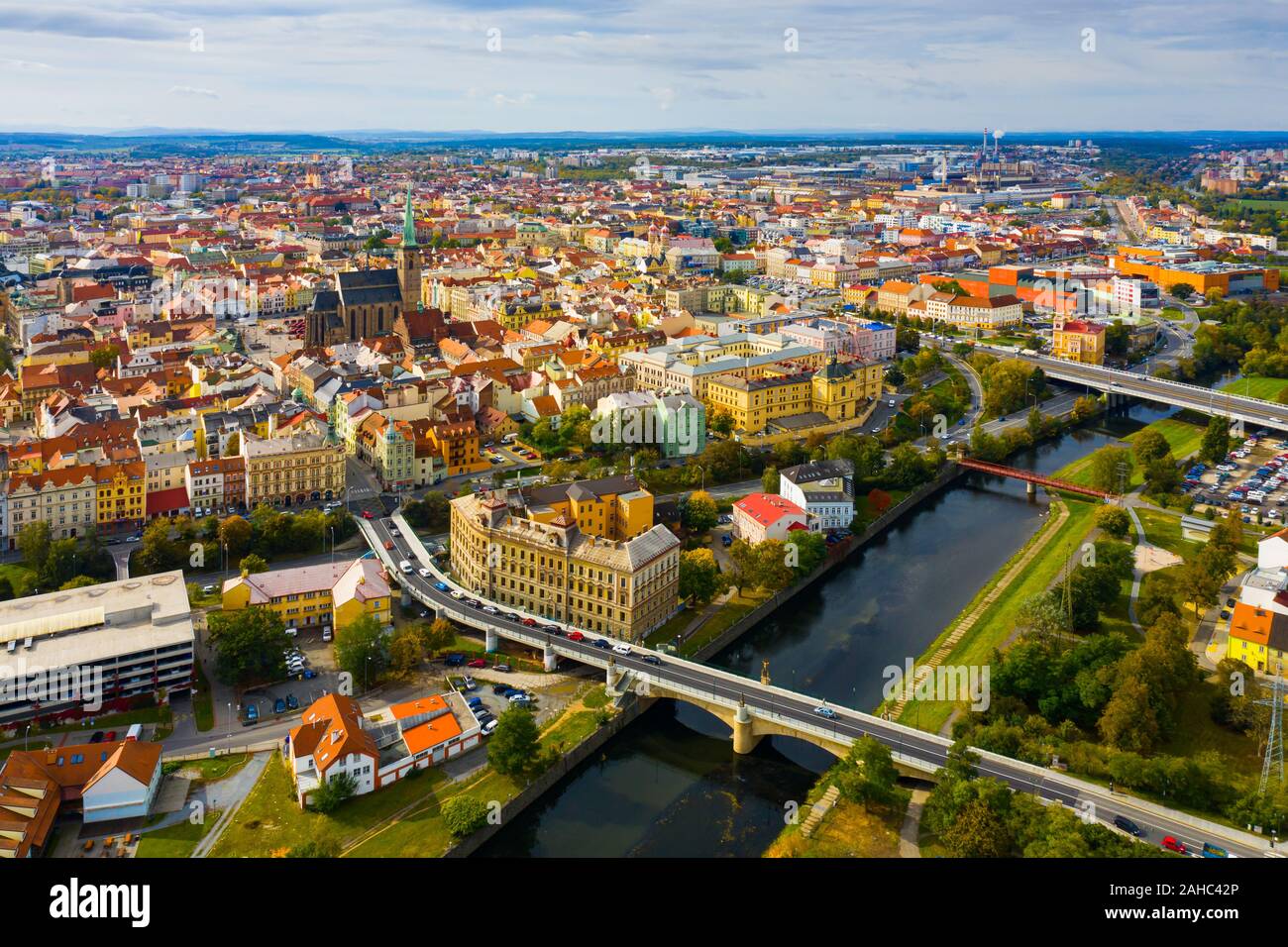 Aerial landscape of czech town of Pilsen with old historical houses in ...